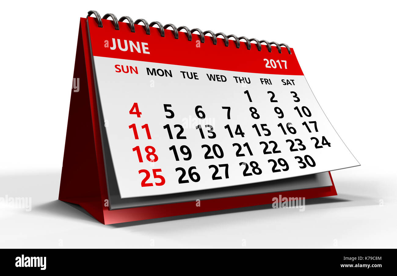 3d illustration of june 2017 calendar over white background with shadow ...