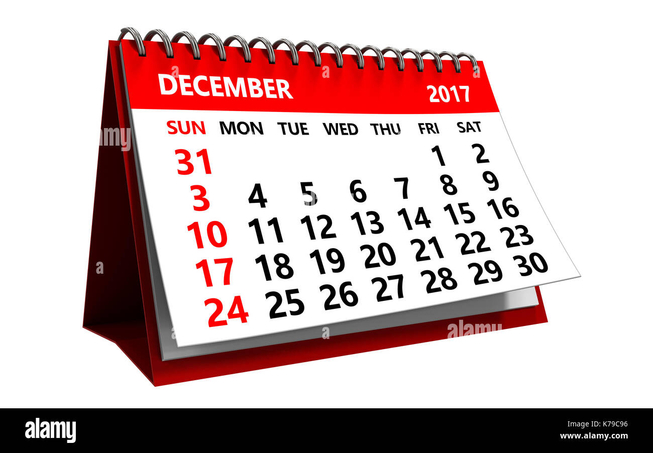 3d illustration of december 2017 calendar isolated over white ...