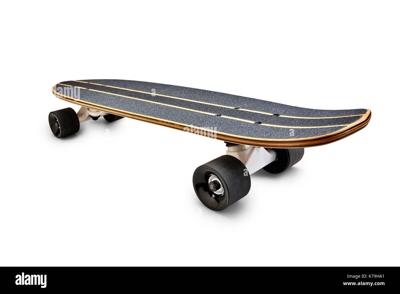 Rear view of a Black and wooden skate board isolated on a white ...