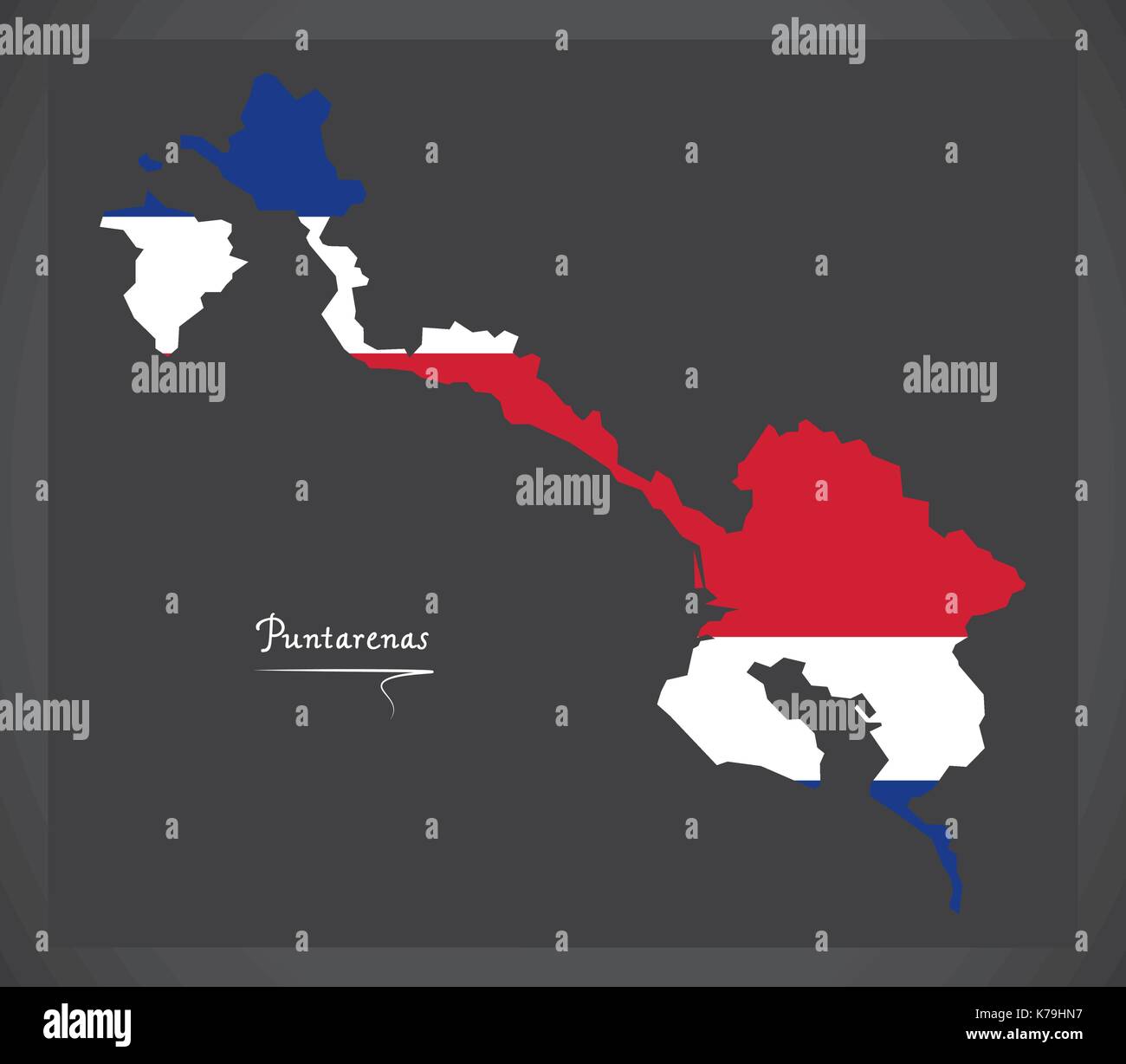 Puntarenas map of Costa Rica with national flag illustration Stock ...
