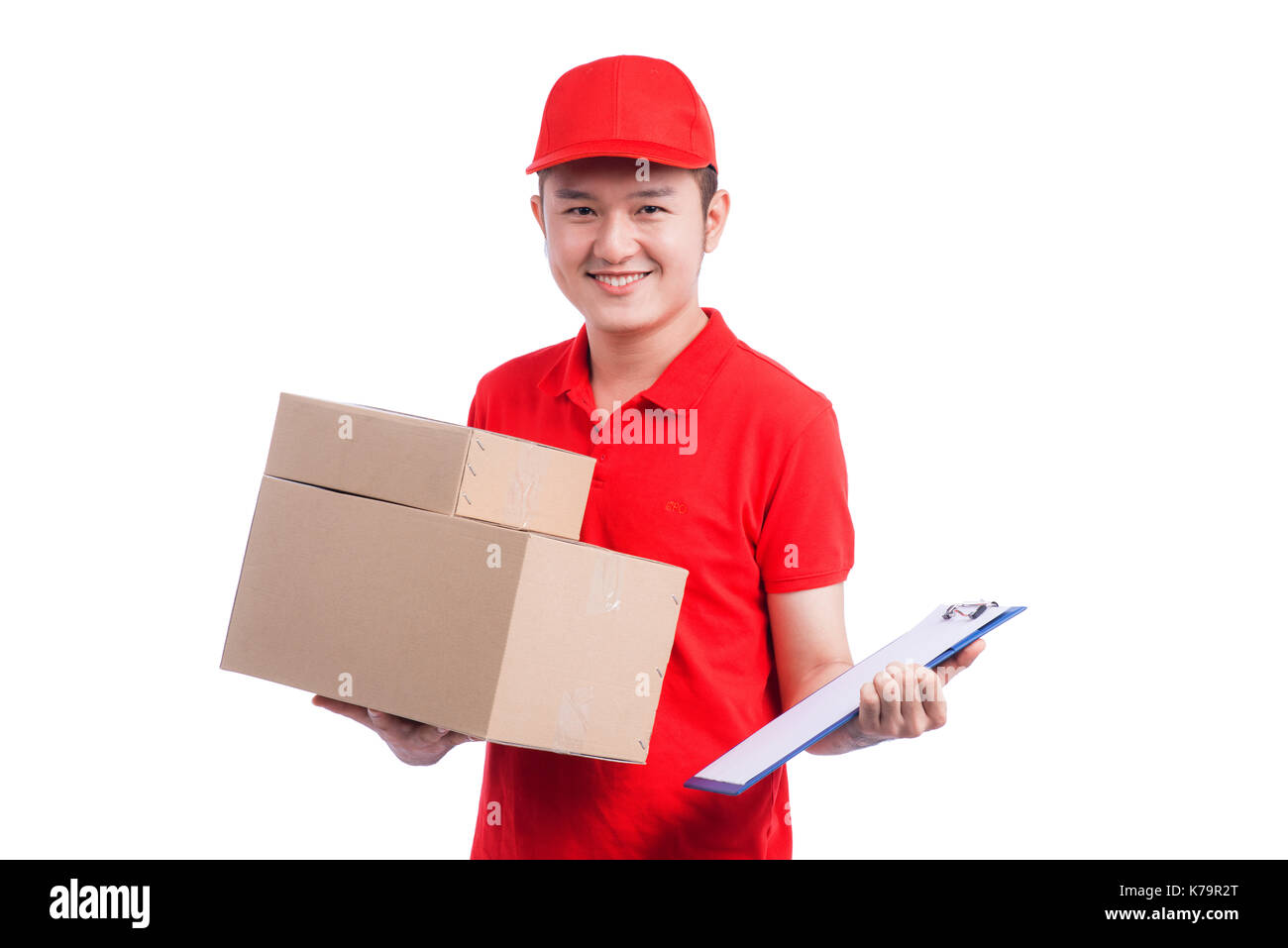 Portrait of delivery man service happily delivering package to costumer ...