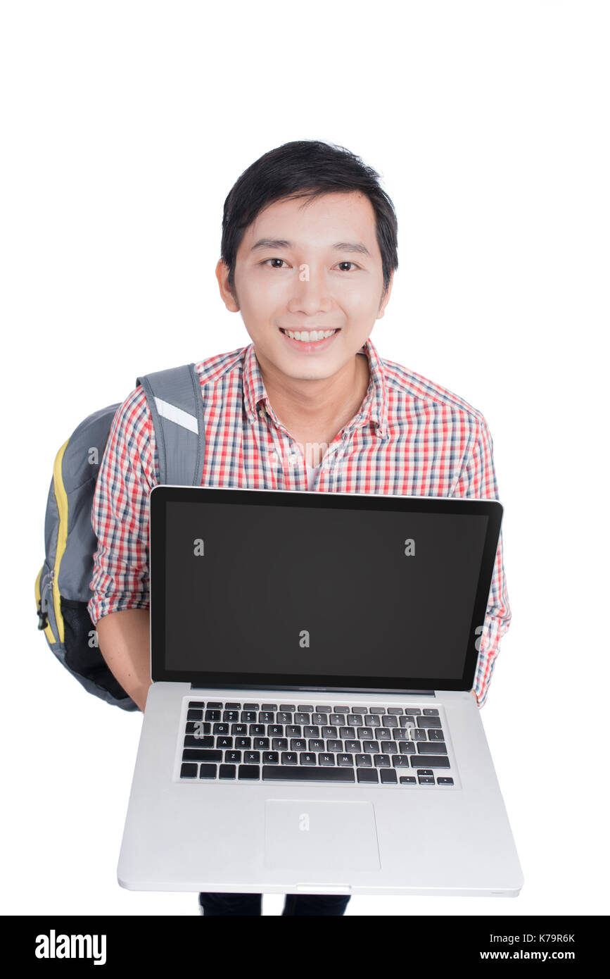 Portrait of young asian student holding and showing screen laptop Stock ...