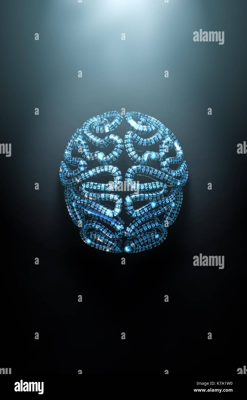 A stylized brain textured with binary computer data code depicting artificial intelligence on an ...
