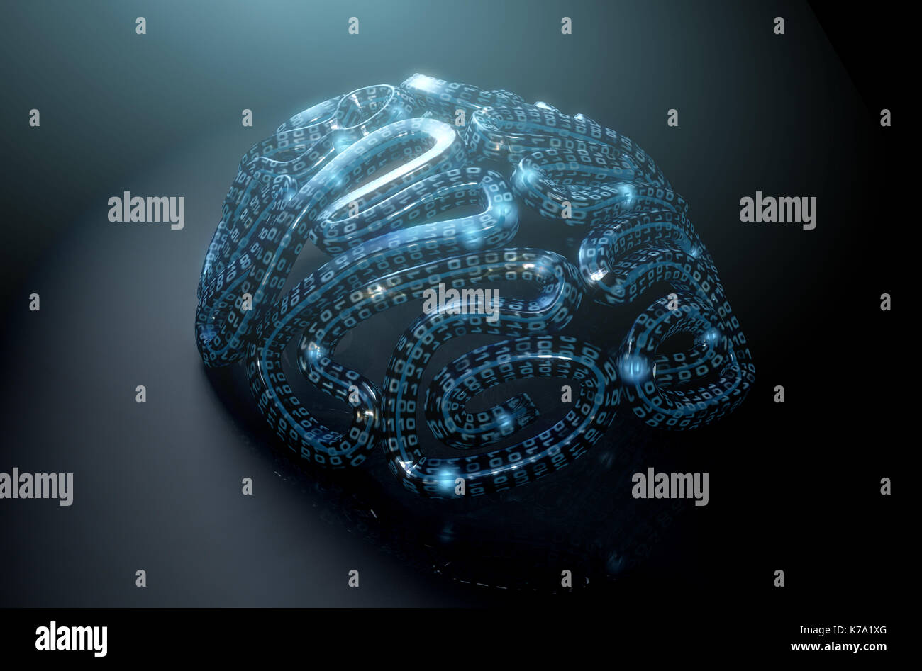 A stylized brain textured with binary computer data code depicting artificial intelligence on an ...