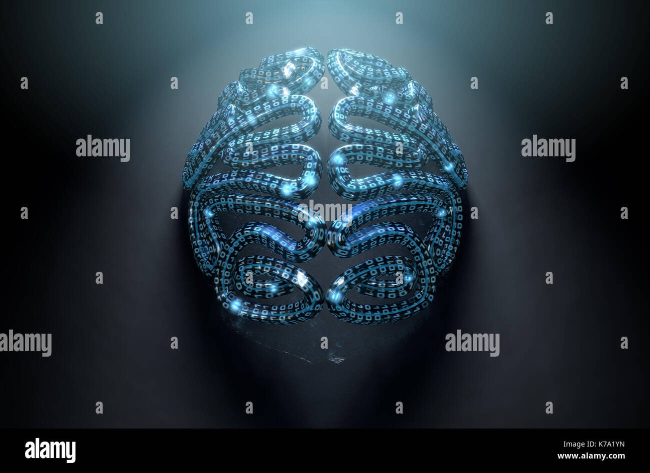 A stylized brain textured with binary computer data code depicting ...