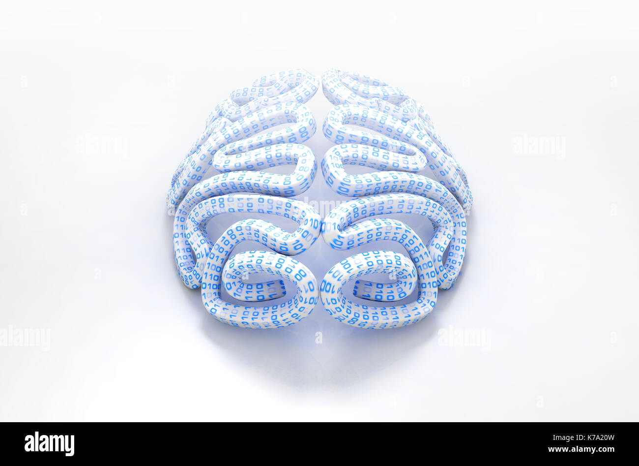 A stylized brain textured with binary computer data code depicting artificial intelligence on an ...