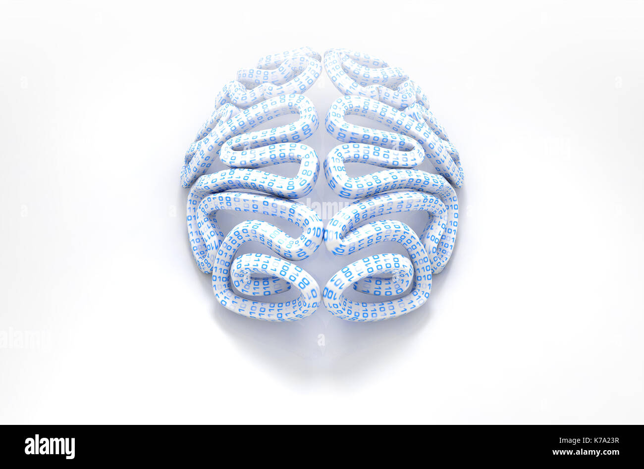 A stylized brain textured with binary computer data code depicting artificial intelligence on an ...