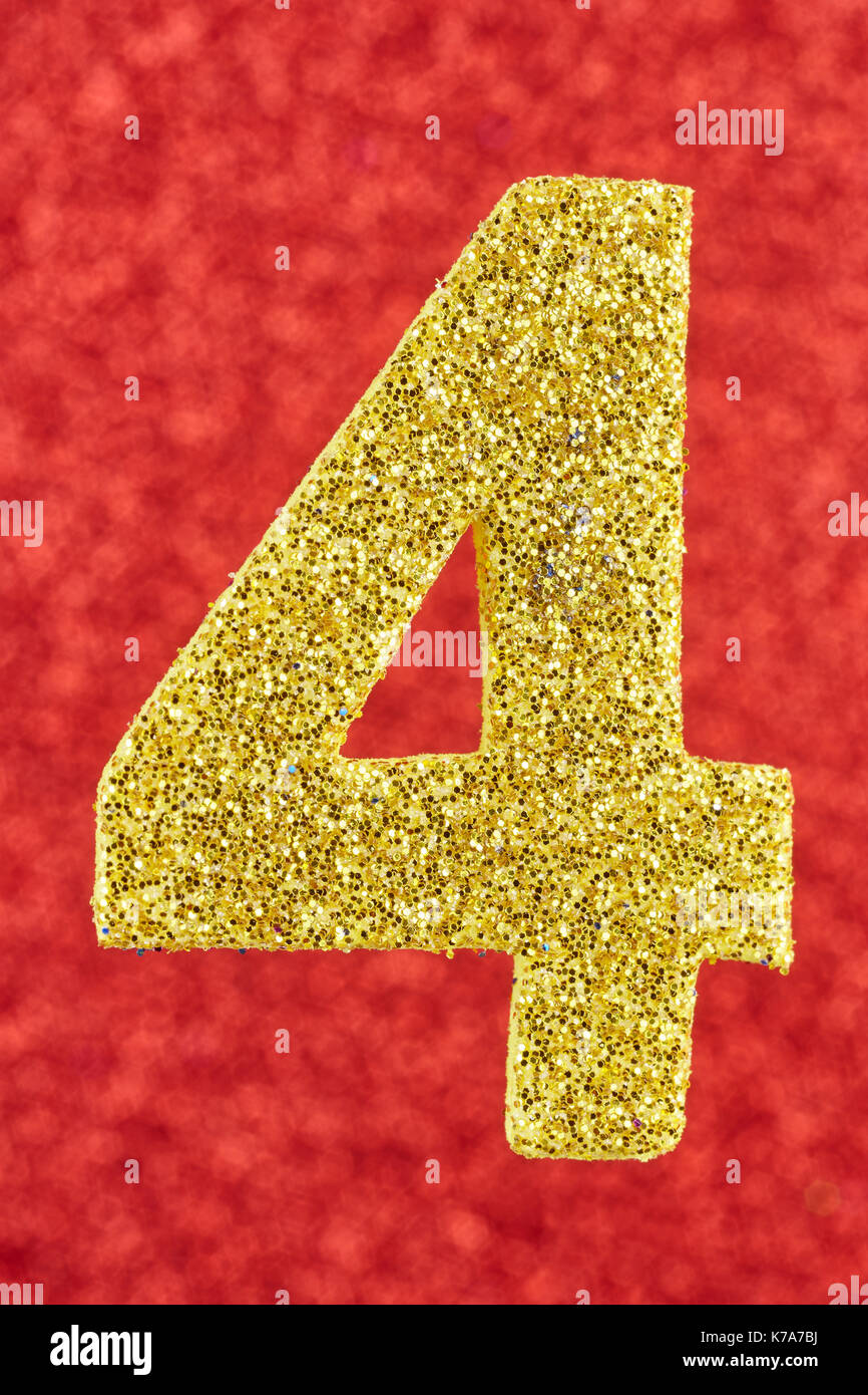 Number four yellow color over a red background. Anniversary. Vertical ...