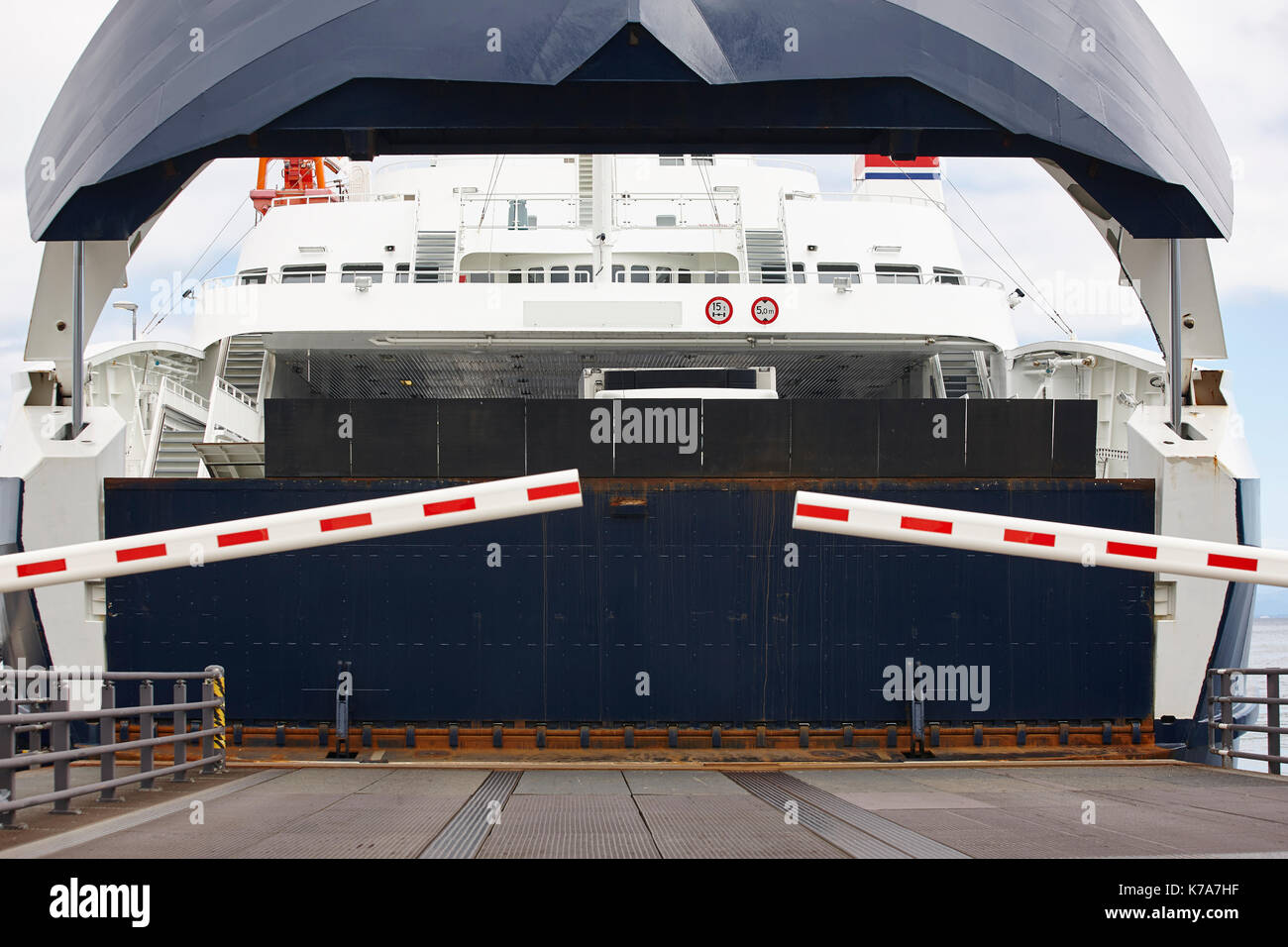 Norwegian car ferry landing at port. Open barrier. Horizontal Stock ...