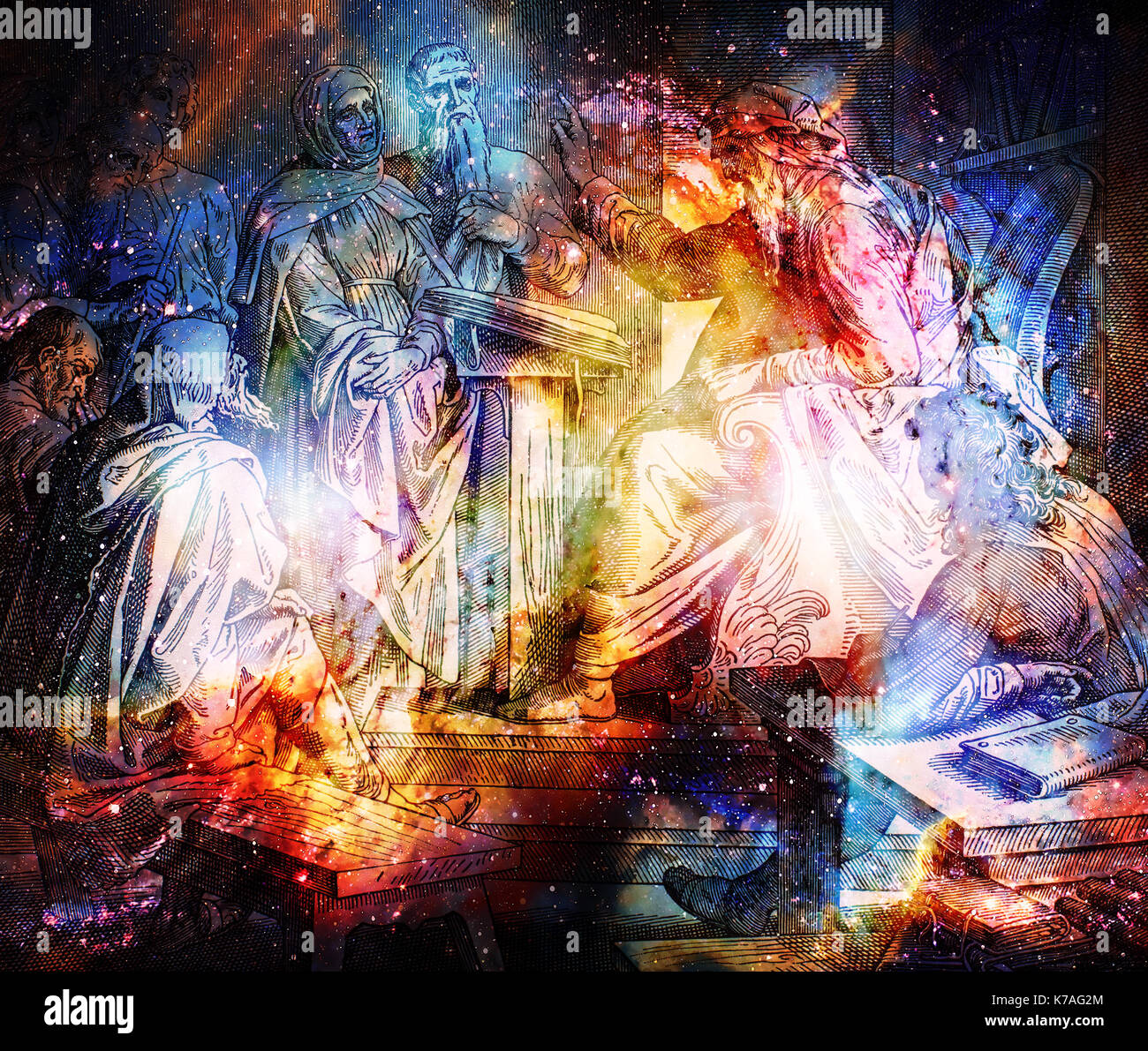 prophet preaching to the people in temple, graphic collage from ...