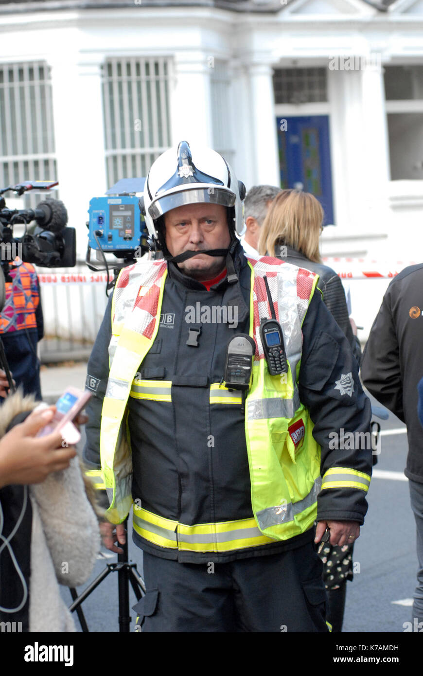 London, UK. 15th Sep, 2017. Fireman leaves the area. Police and ...