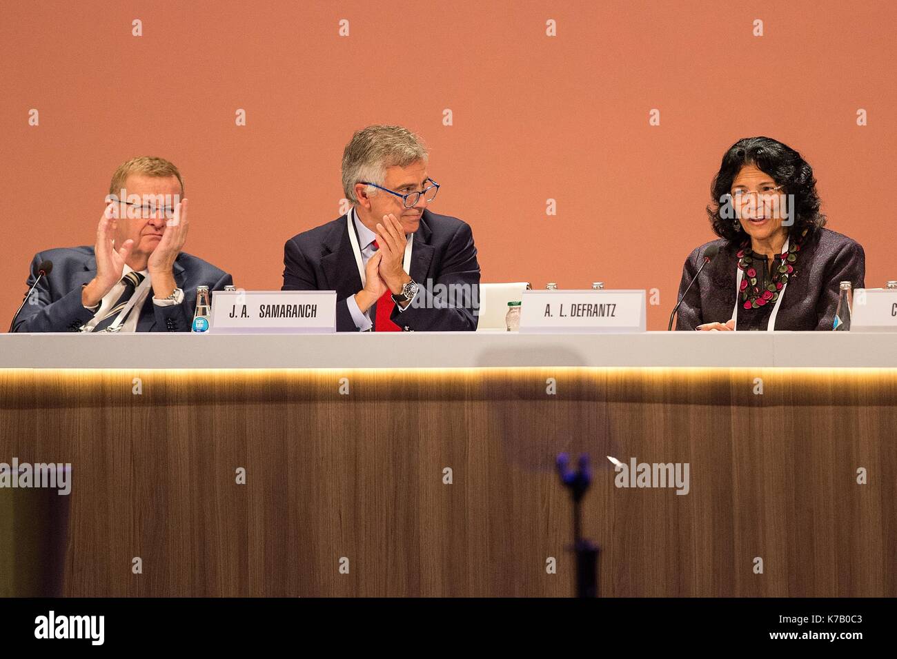 Lima, Peru. 15th Sep, 2017. American Anita DeFrantz (R) gets ...