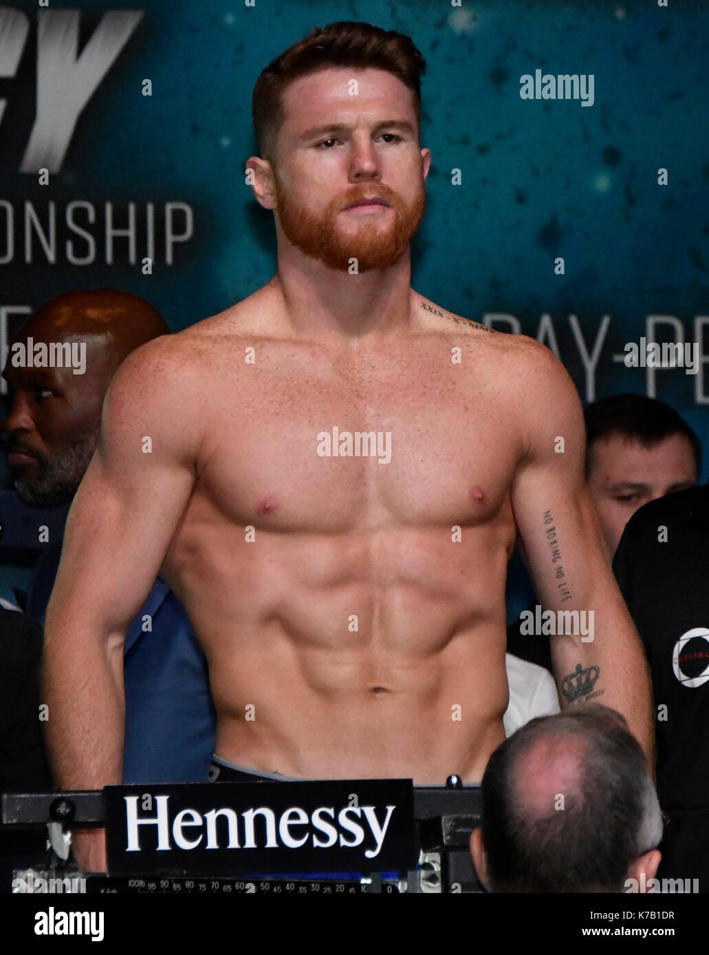 Las Vegas, NV, USA. 15th Sep, 2017. Mexico's Canelo Alvarez weighs in ...