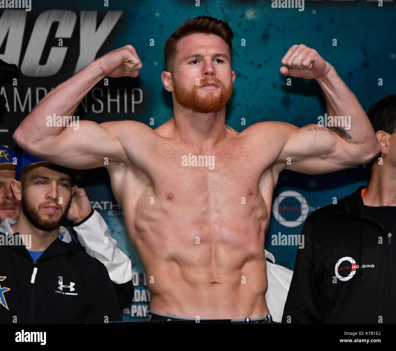 Las Vegas, NV, USA. 15th Sep, 2017. Mexico's Canelo Alvarez weighs in ...
