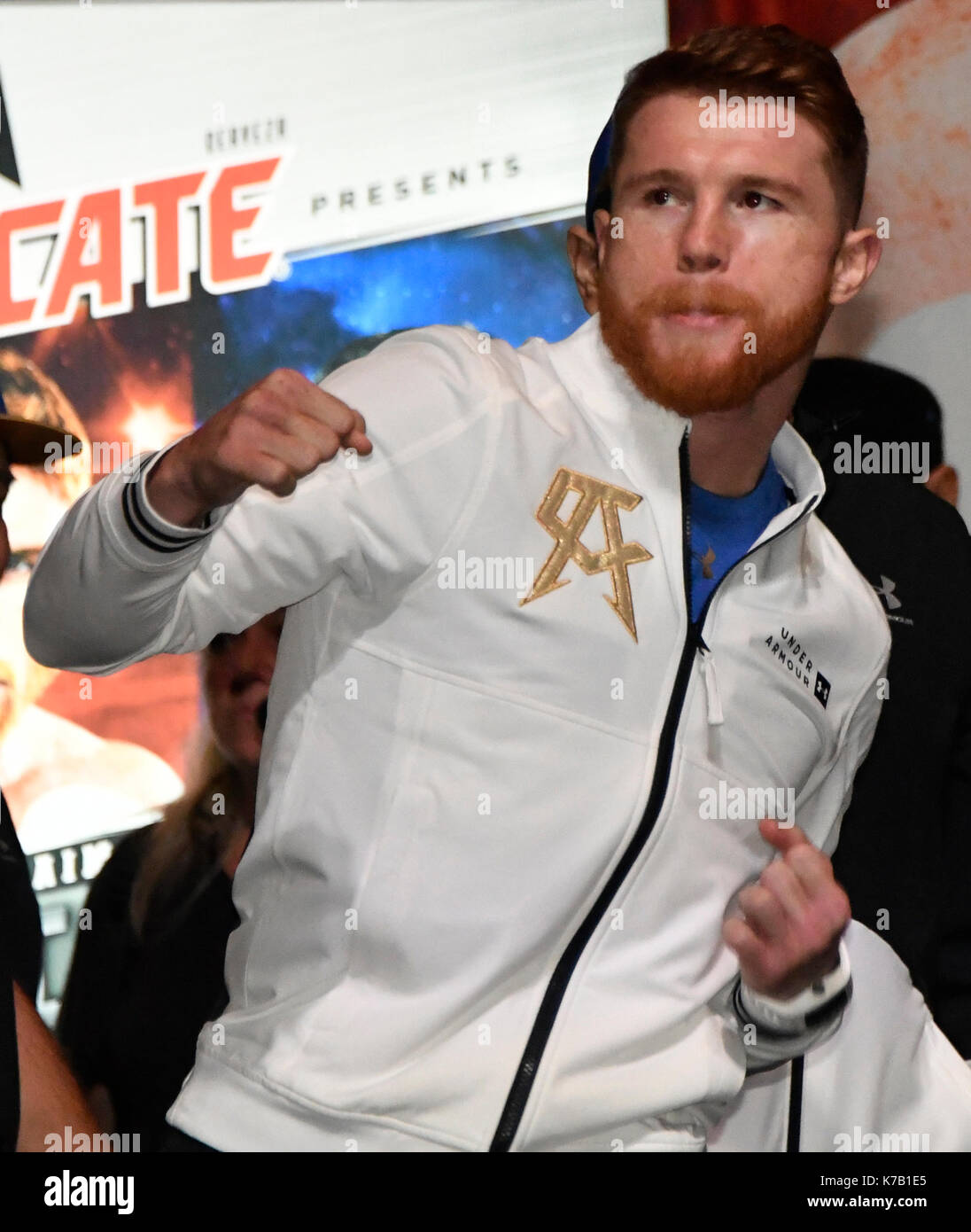 Las Vegas, NV, USA. 15th Sep, 2017. Mexico's Canelo Alvarez weighs in ...