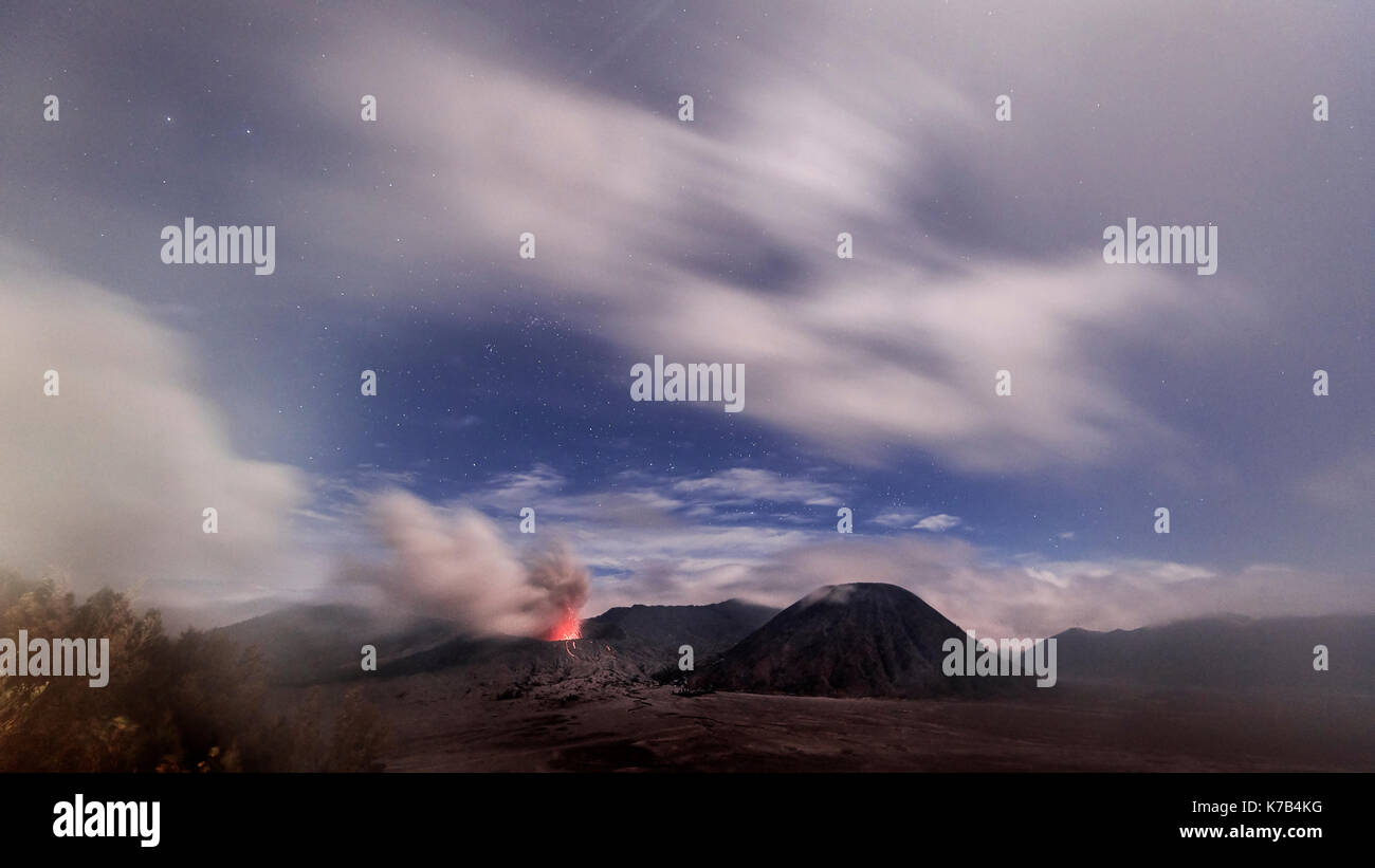 Mount Bromo volcanic eruption and ash coming out from crater, Indonesia ...