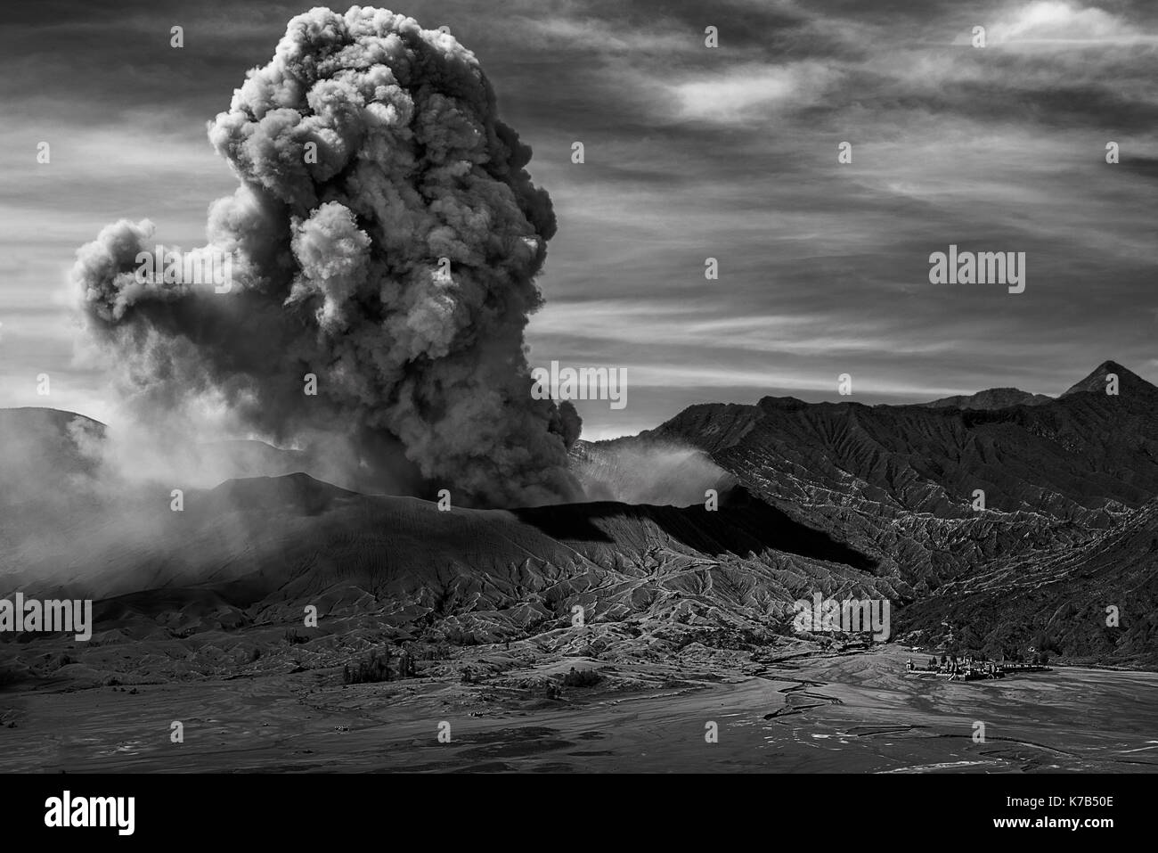 Mount Bromo volcanic eruption and ash coming out from crater, Indonesia ...