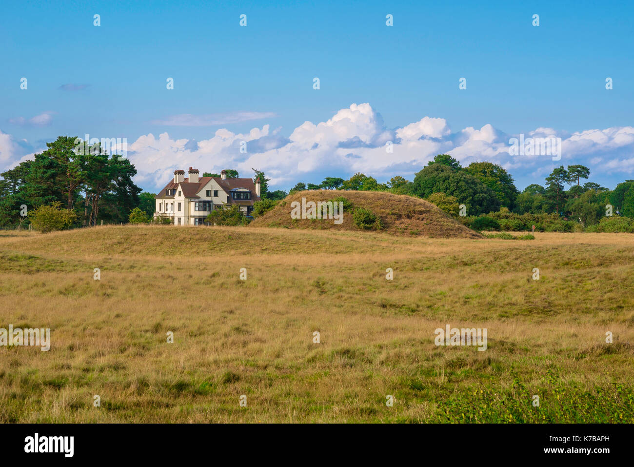 Sutton Hoo Suffolk, view of large Anglo Saxon burial mound with Tranmer ...