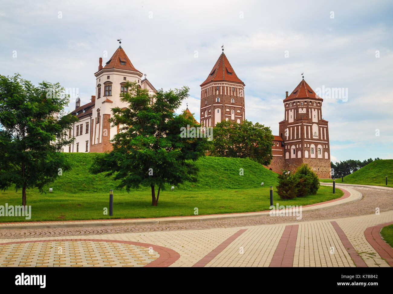 Ancient medieval castle with towers in Mir, Belarus. UNESCO World ...