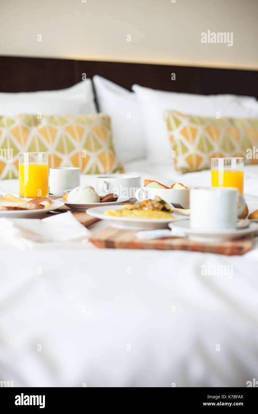 Breakfast trays on bed Stock Photo - Alamy