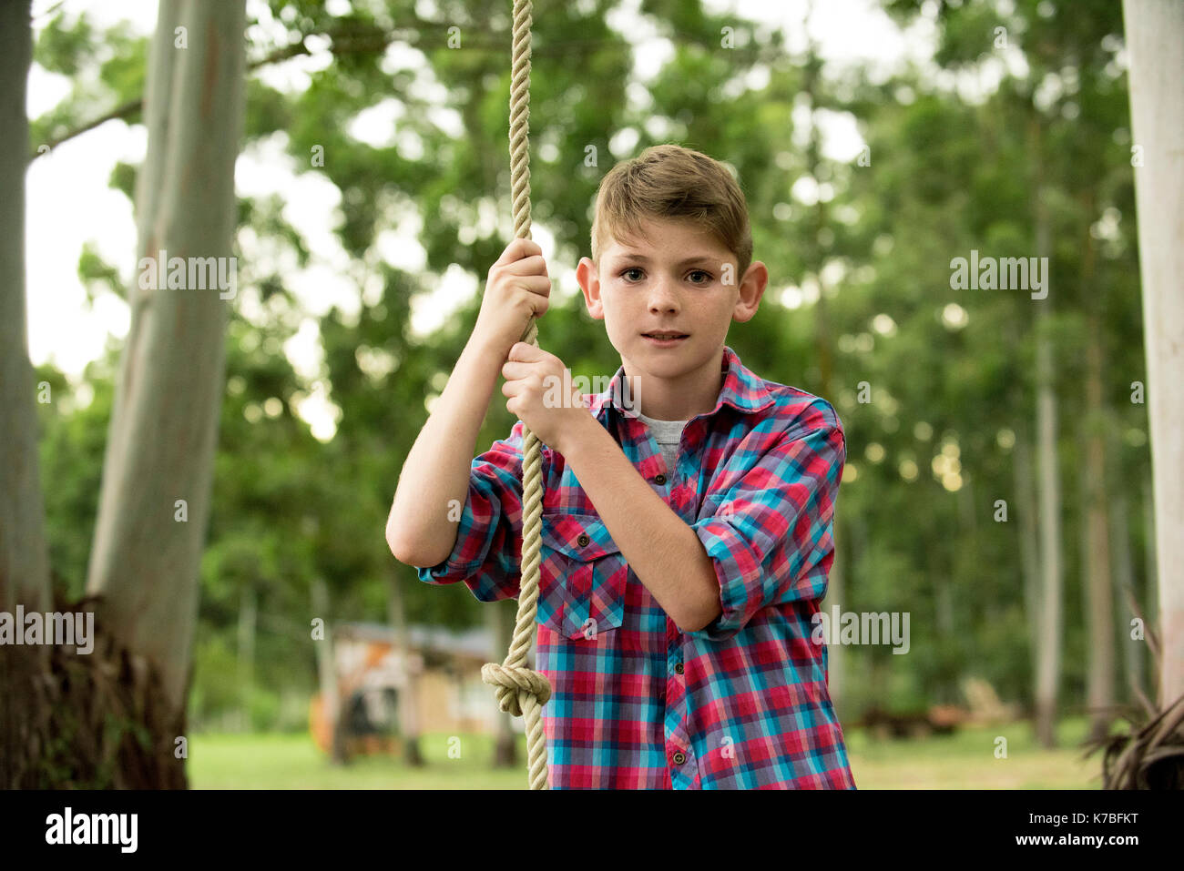 Boy on rope swing, portrait Stock Photo - Alamy