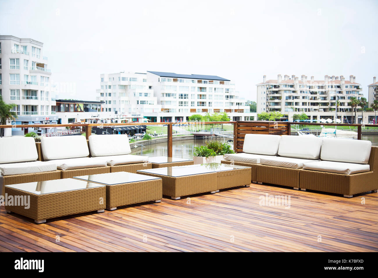 Deck overlooking marina at luxury hotel Stock Photo - Alamy