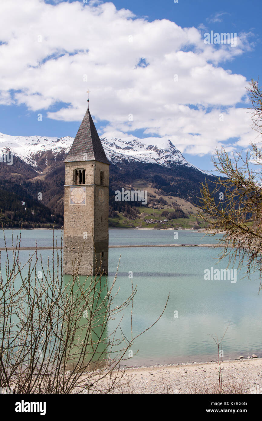 Church Tower Of Graun in the Lago Di Resia, Italy, Europe Stock Photo ...