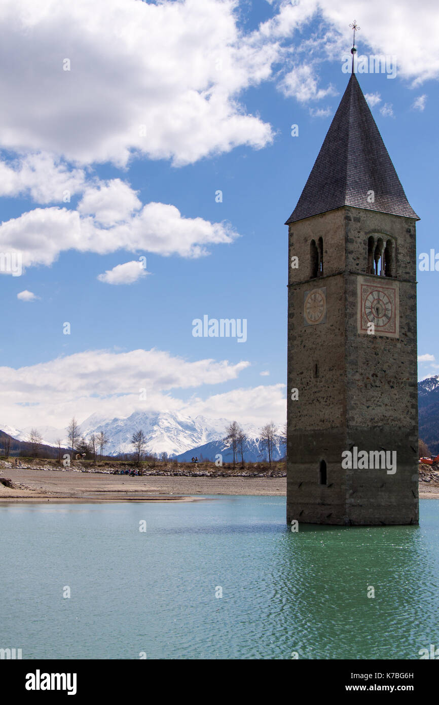 Church Tower Of Graun in the Lago Di Resia, Italy, Europe Stock Photo ...