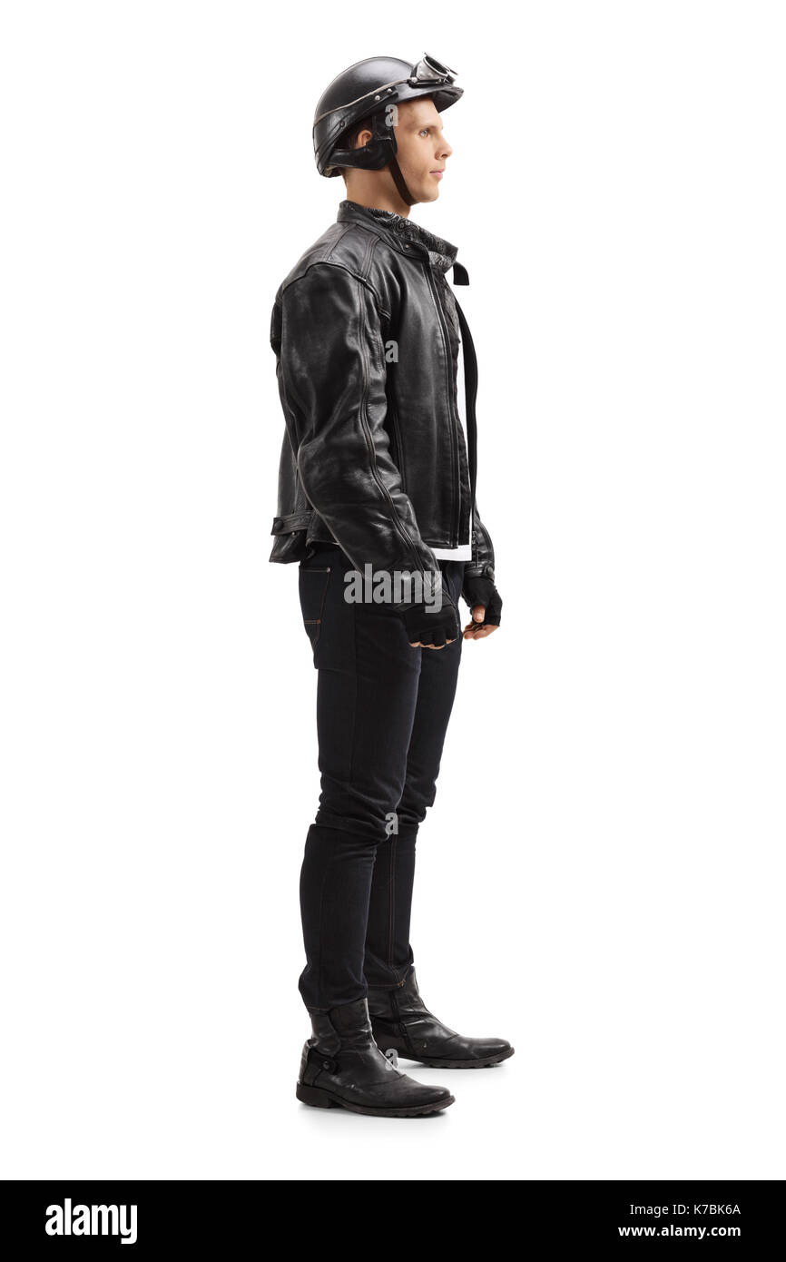 Full length profile shot of a biker waiting in line isolated on white ...