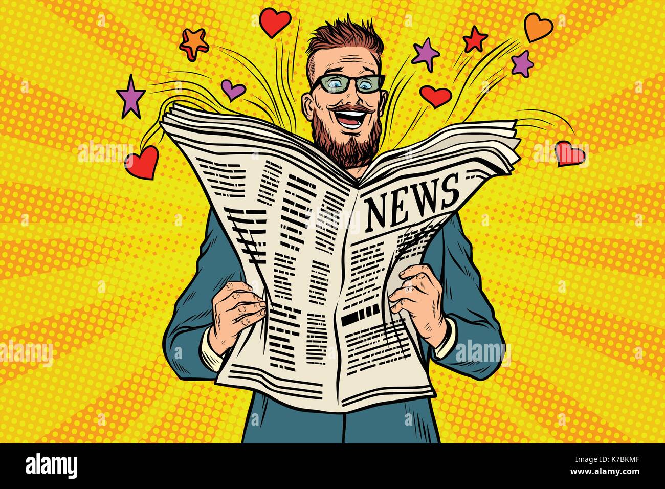happy hipster reads the newspaper news. Fireworks heart and stars. Pop ...