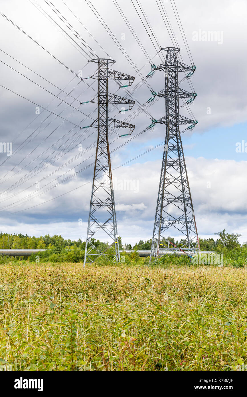 Two tall high voltage power line masts and cables in the field Stock ...