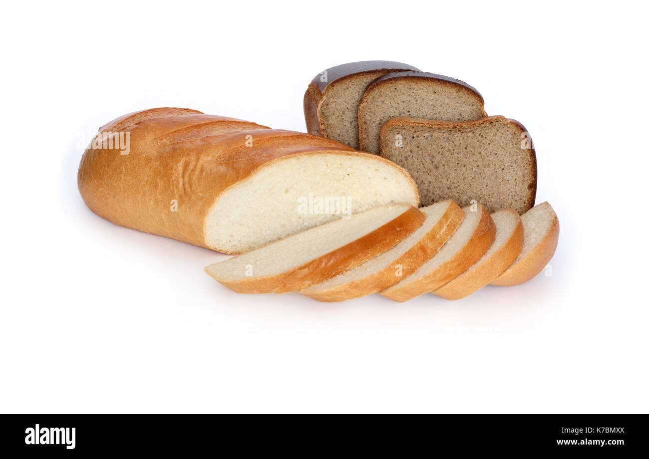 Sliced fresh-baked long loaf and rye bread isolated on white background ...