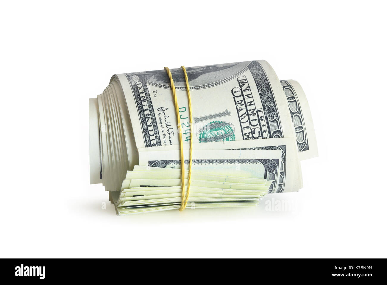Roll of one hundred dollar notes tied with rubber band Stock Photo - Alamy