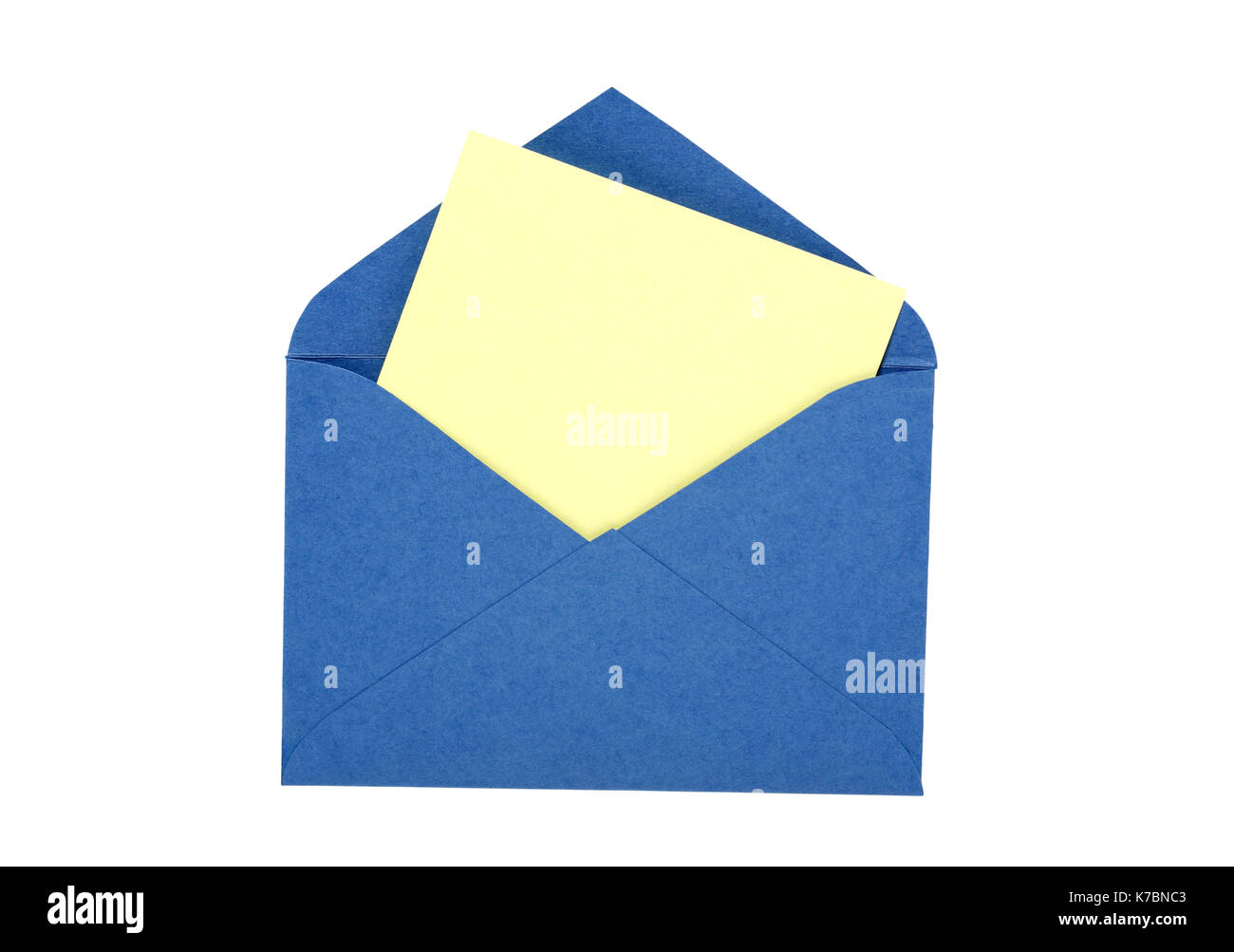 Blank yellow paper inside open blue paper envelope. Isolated on white ...