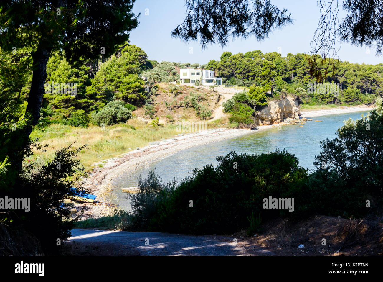 Way through silhouetted frame made of conifer canopy on seashore Stock ...