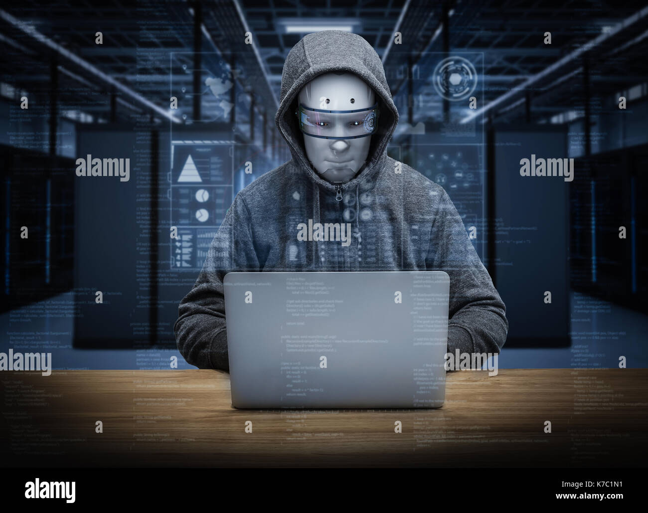 3d rendering humanoid robot hacker in server room Stock Photo - Alamy