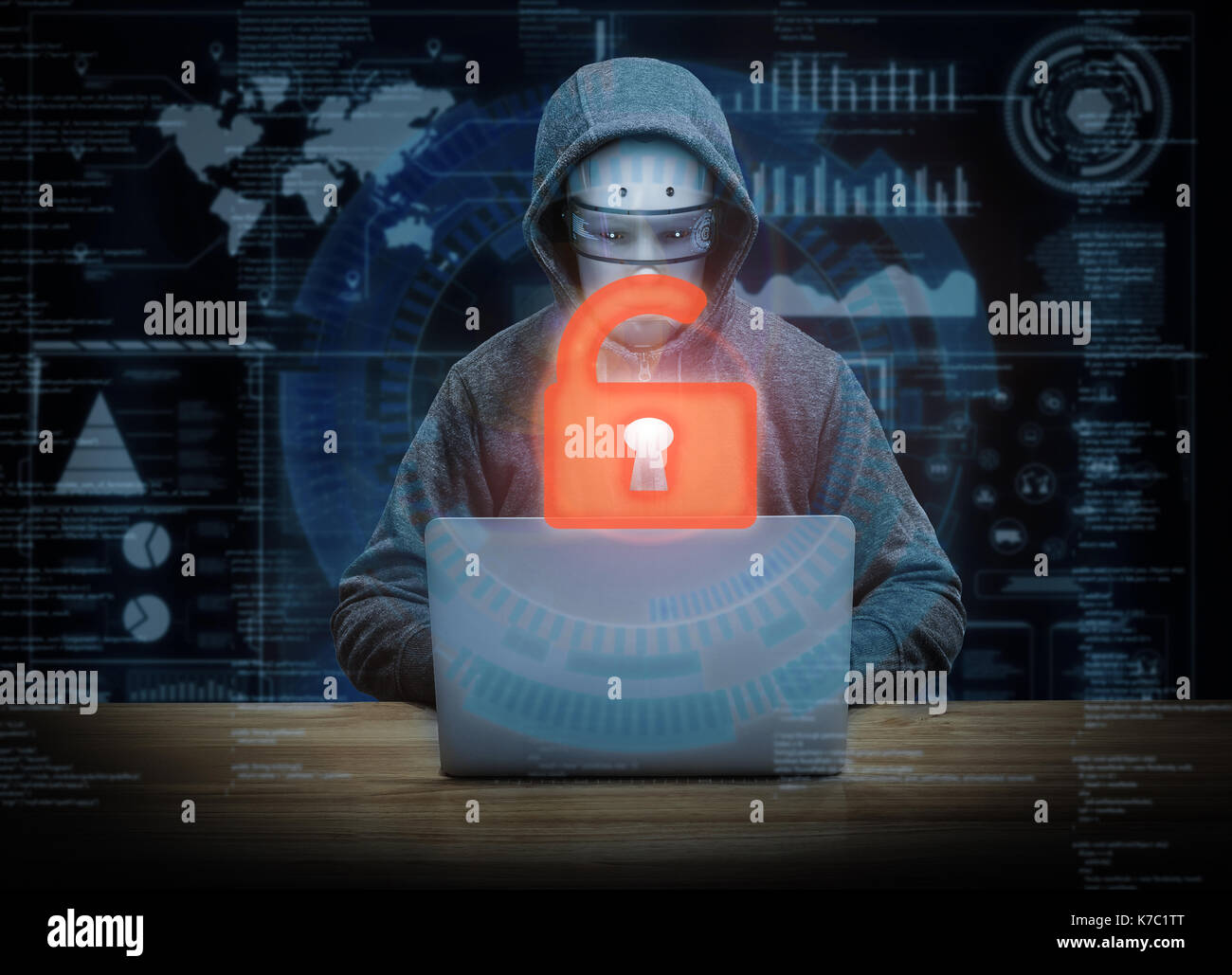 3d rendering keypad unlock with success cyborg hacker Stock Photo - Alamy