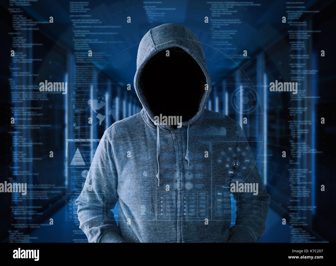 3d rendering empty face hacker in server room Stock Photo: 159460903 ...