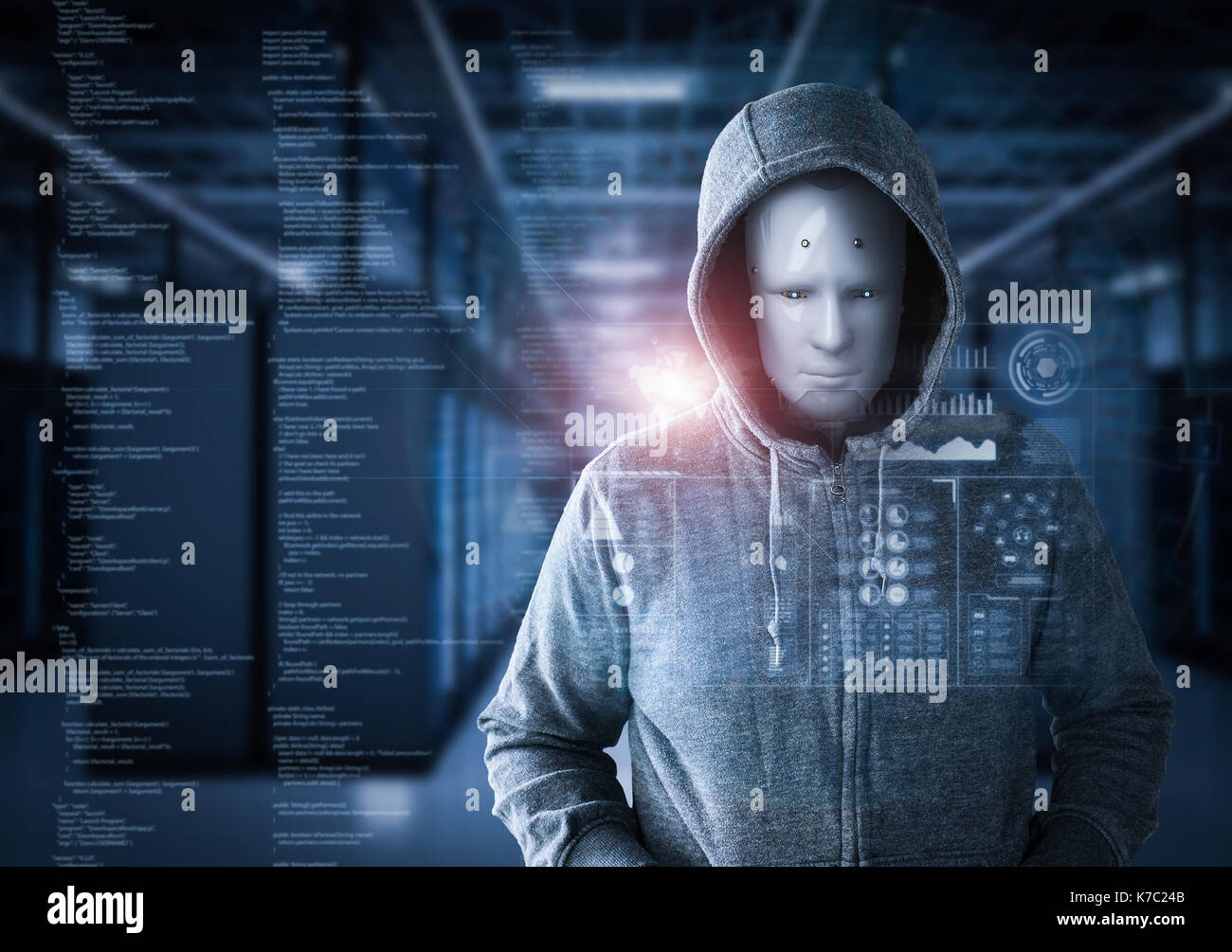 3d rendering humanoid robot as a hacker in server room Stock Photo - Alamy