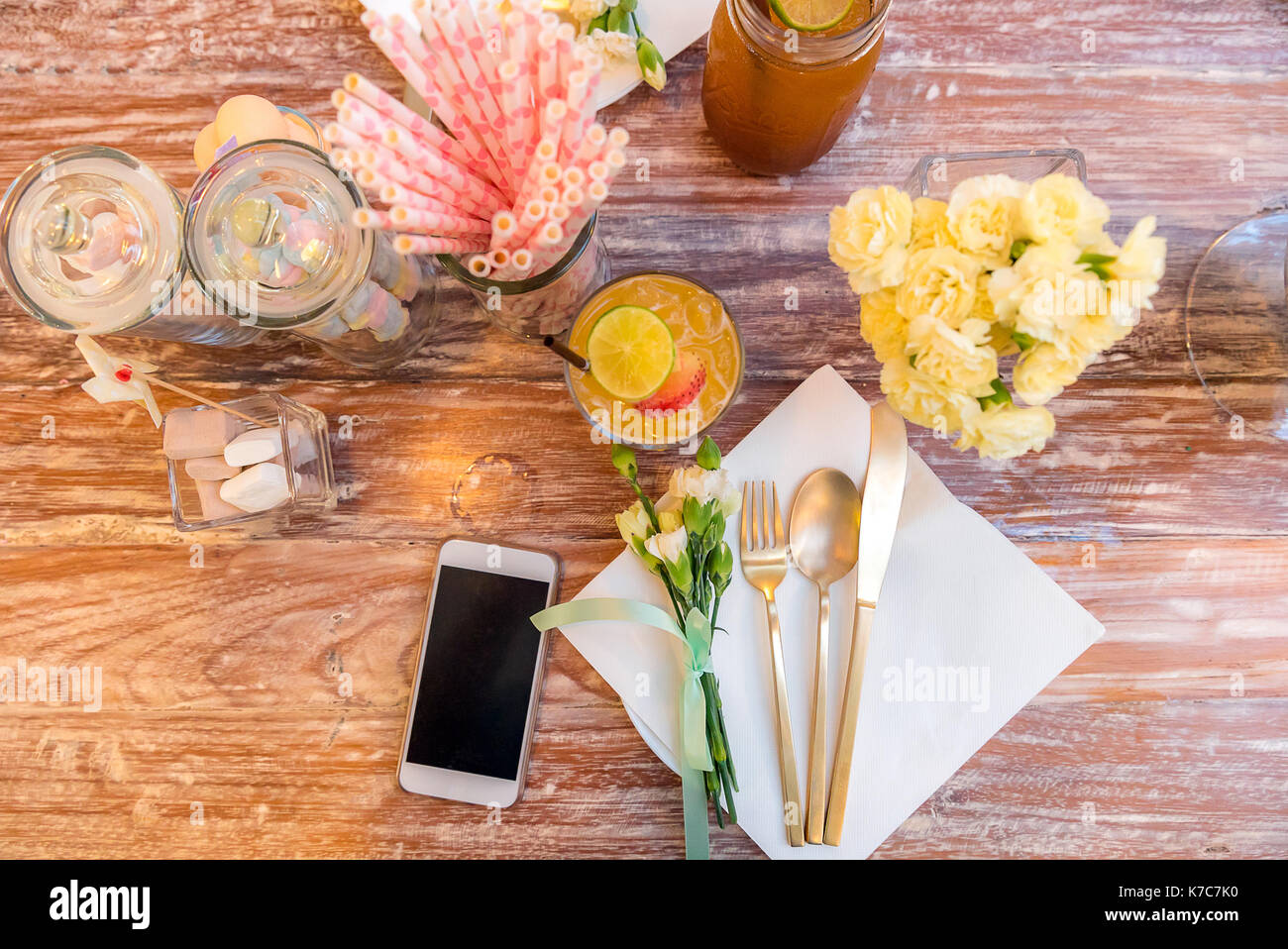 dinner dining table top view prepare for party Stock Photo - Alamy