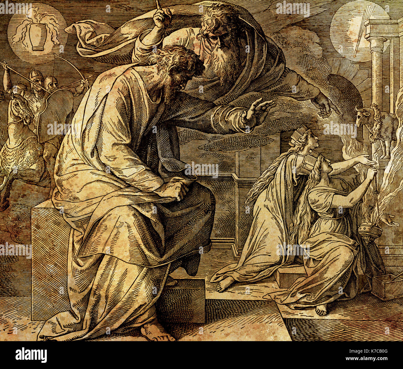 God calls the prophet Jeremiah, graphic collage from engraving of ...