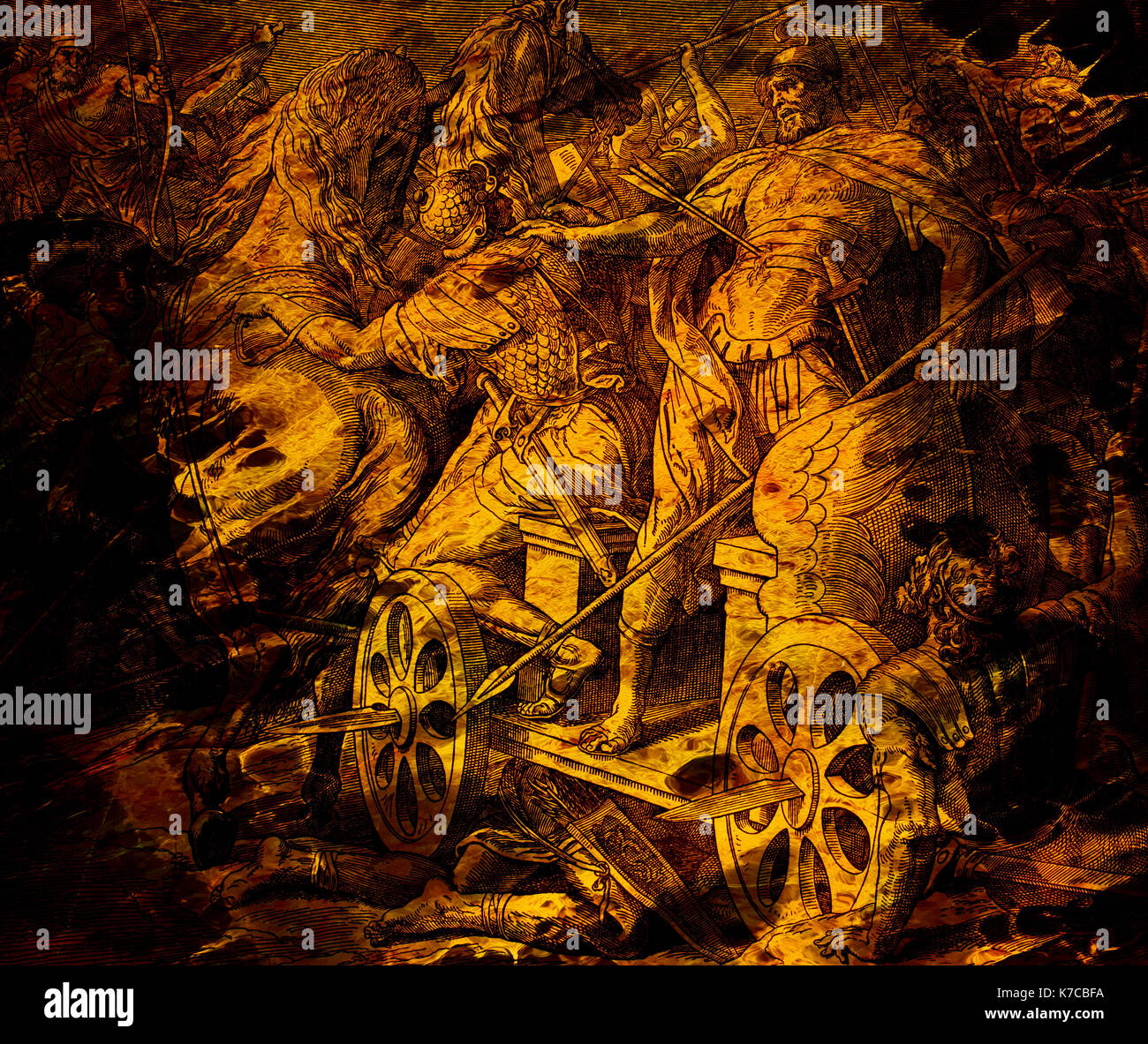 Death of king Achab, graphic collage from engraving of Nazareene School ...