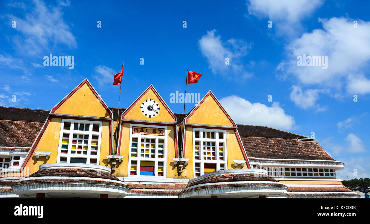 Dalat train station with beautiful blue sky. Old French-colony building ...