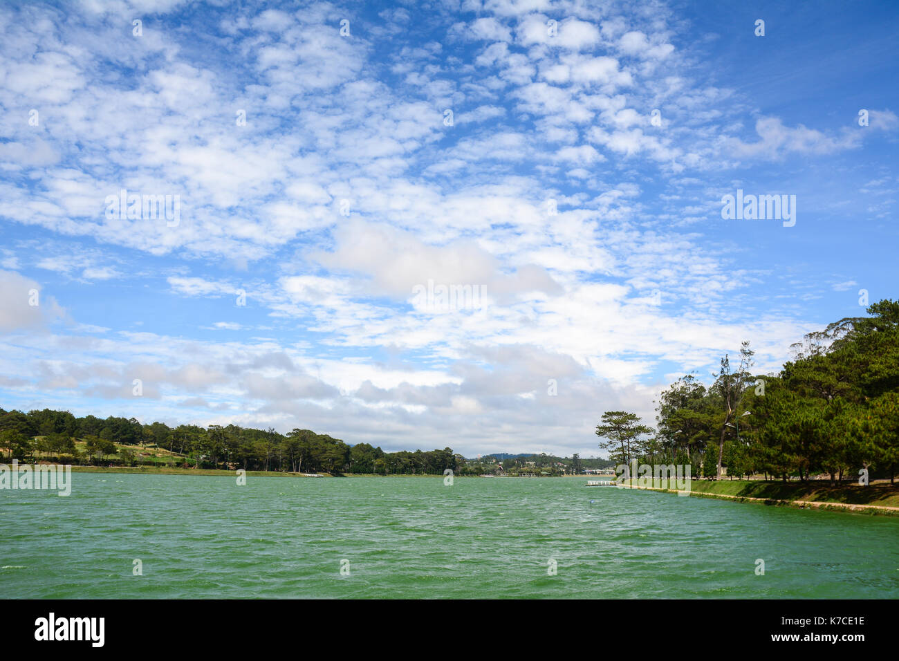 View of Xuan Huong Lake with pine trees in Dalat, Vietnam. Dalat is a ...