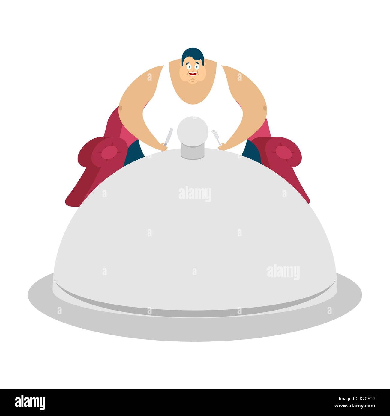 fat guy is sitting on chair and dish tray. Glutton Thick man and food ...