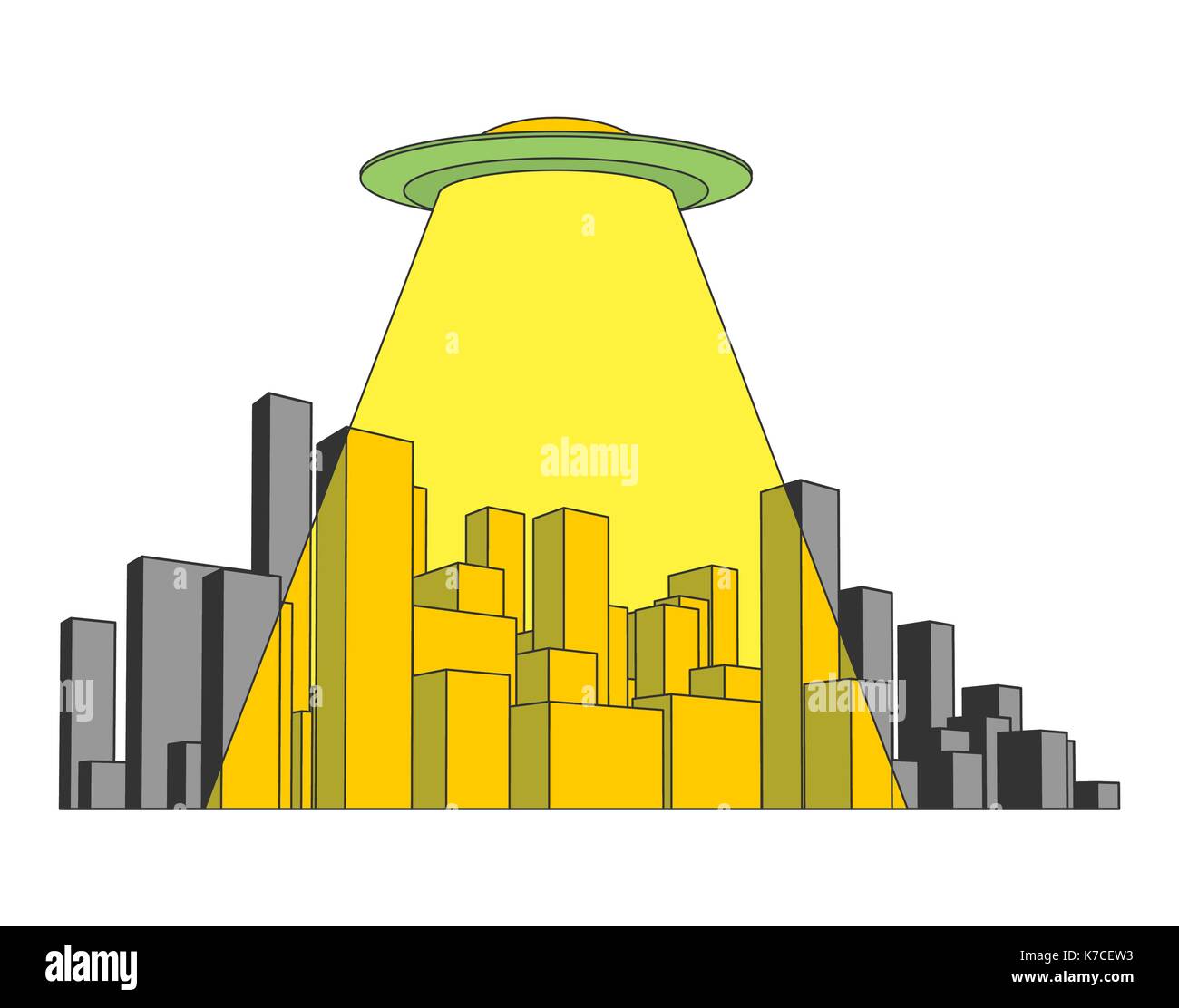City and UFO. Abstract Skyline and Space Invader. Industrial landscape ...