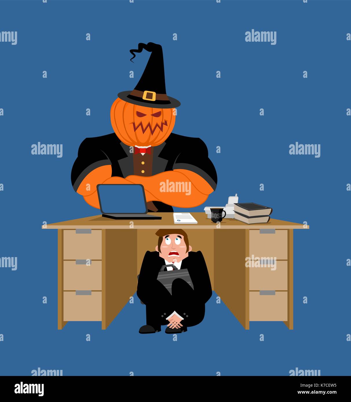 Businessman scared under table of pumpkin. frightened business man ...