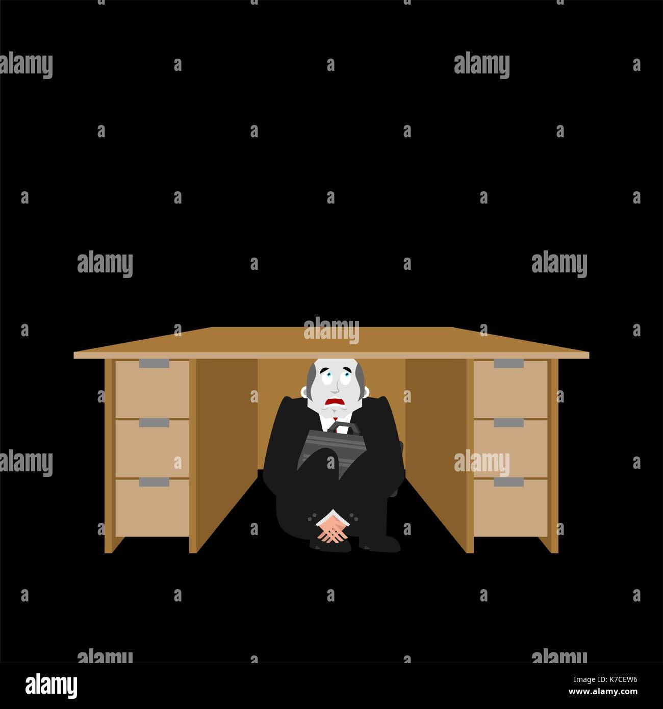 Businessman scared under table. frightened business man under work ...