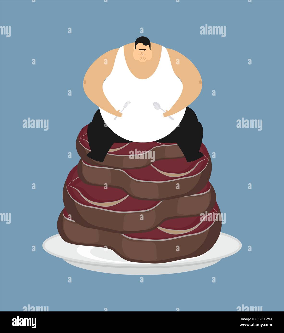 Fat guy and steak. Glutton Thick man and piece of meat. fatso vector ...