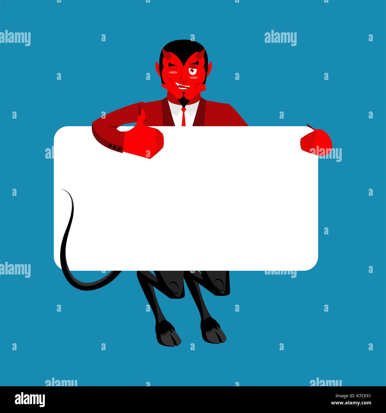 Red devil holding banner blank. Satan and white blank. Demon joyful ...
